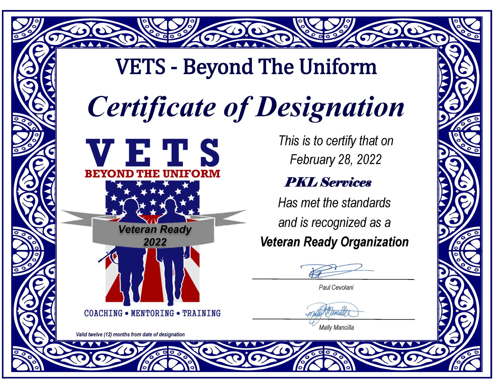 PKL Awarded Veteran Ready Status 2022 - PKL Services, Inc.